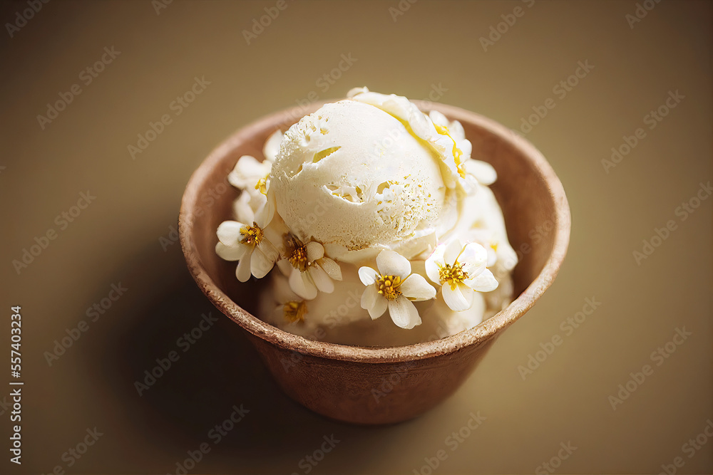 Bowl with vanilla ice cream scoops decorated with vanilla flowers as ...