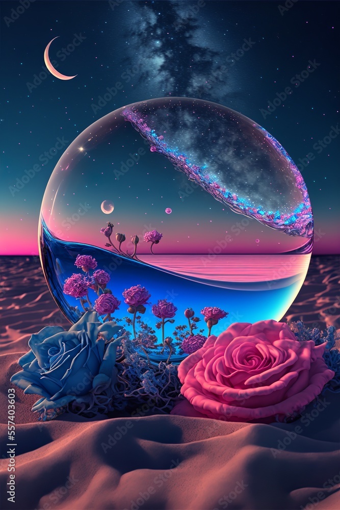 Colorful roses enclosed in a ball, on the beach in the moonlight pink ...