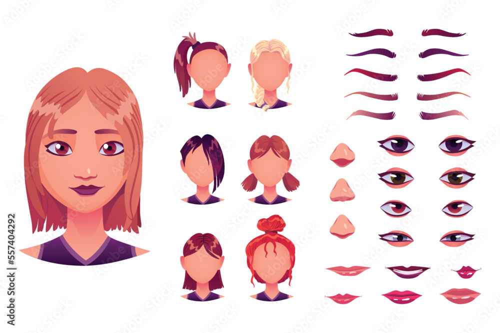 Girl face construction, avatar creation with different head parts ...