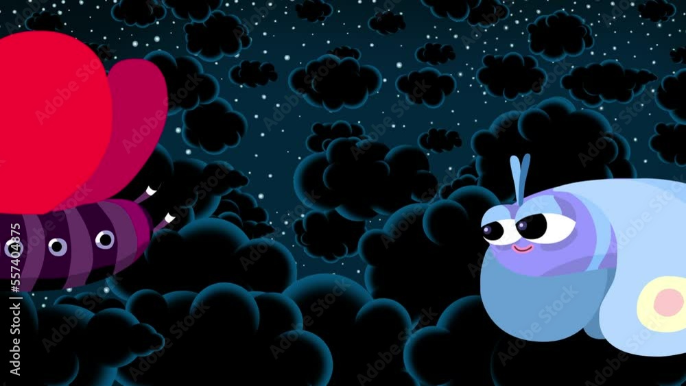 Cartoon characters six moth butterflies flying from right to left loop ...