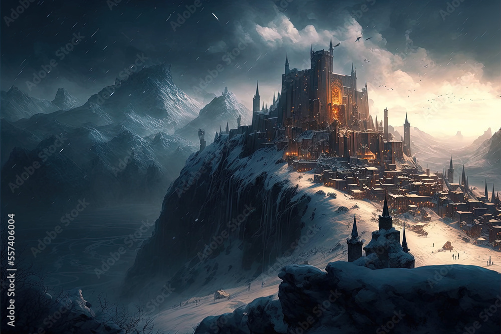 Fantasy Medieval Castle in Snowy Mountains, Concept Art, Digital ...