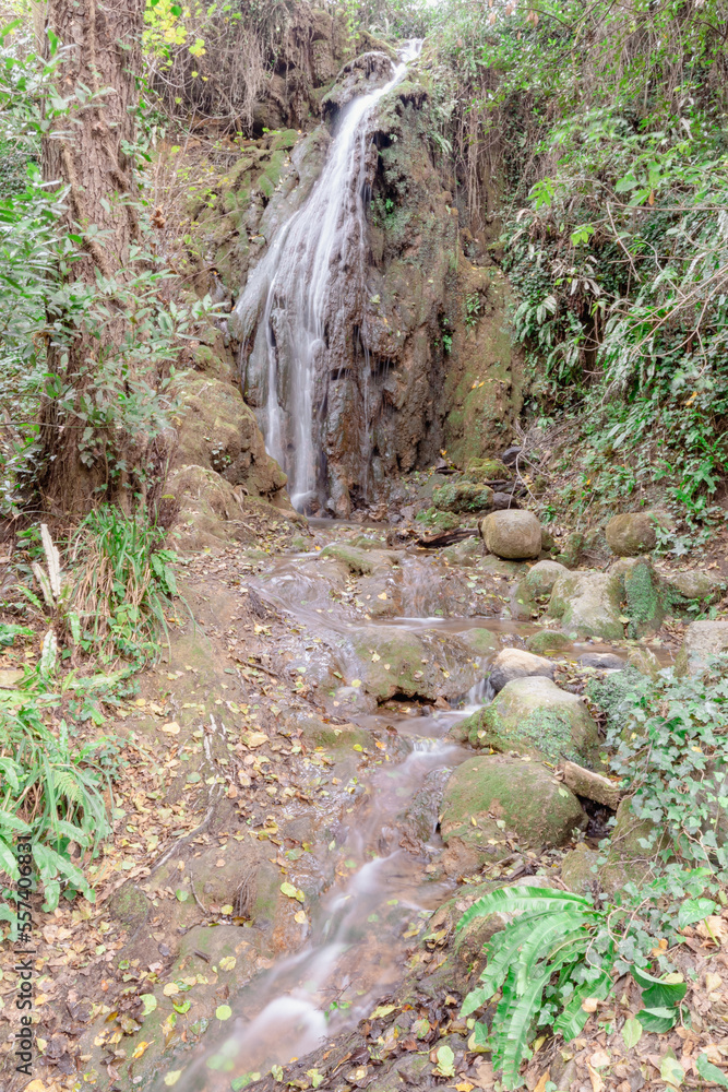 El agua del frío rio bajando por la cascadas hasta llegar a un pequeño ...