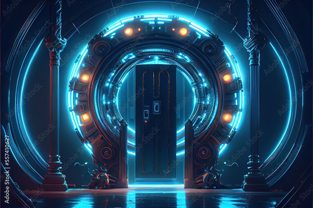 Generative AI illustration of high tech fantasy round portal neon light ...
