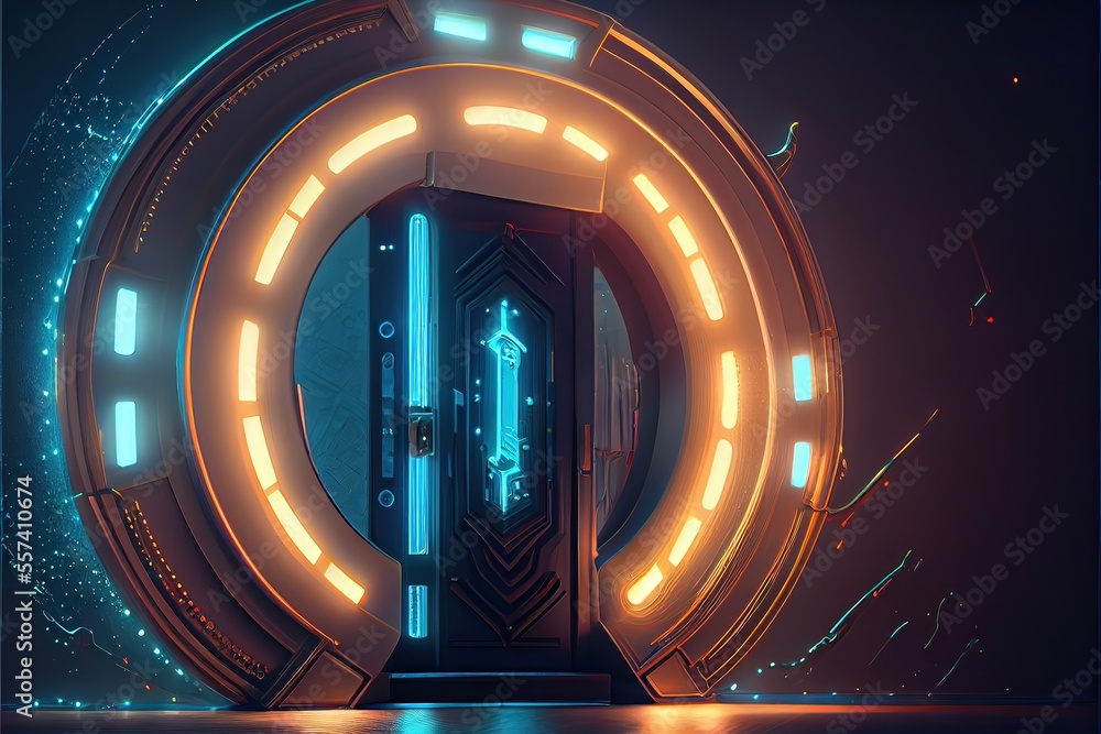 Generative AI illustration of high tech fantasy round portal neon light ...