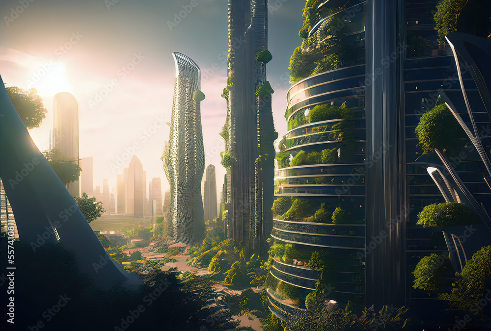 Generative AI illustration of Spectacular eco-futuristic cityscape full ...