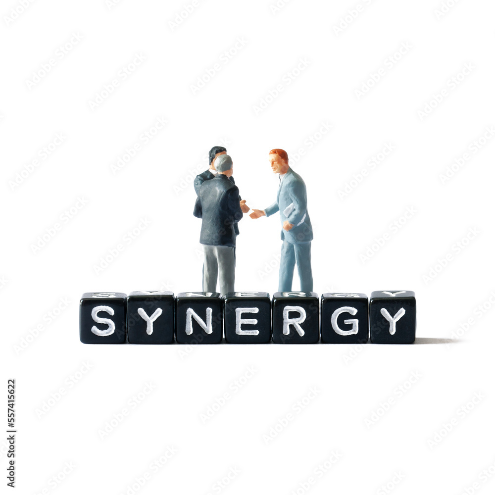 Synergy in business world concept: Three businessman talking and ...