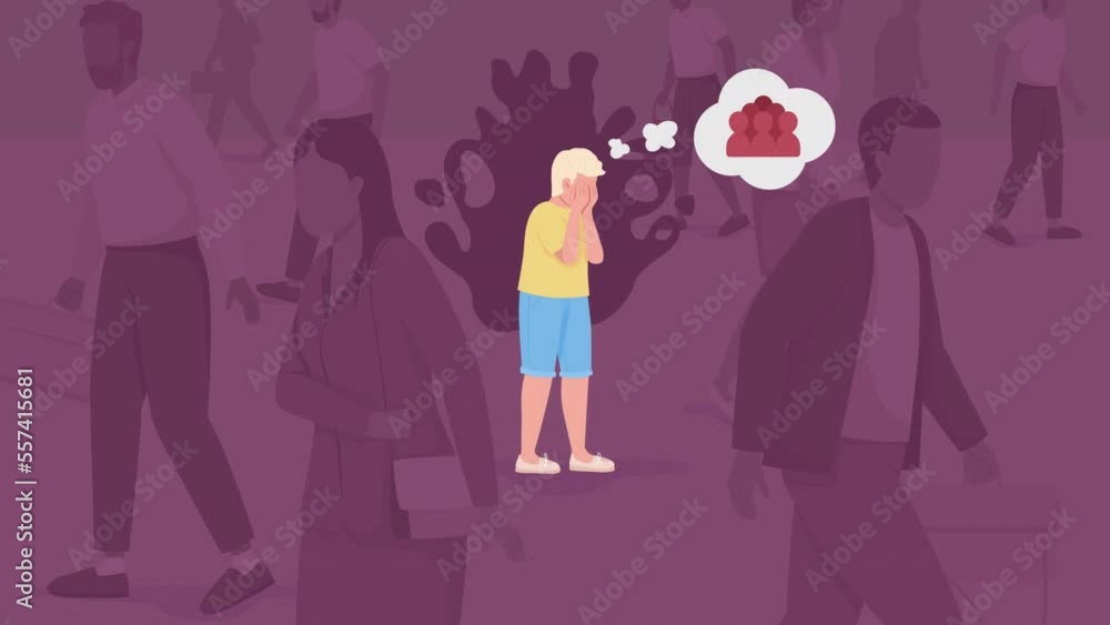 Animated anxious boy illustration. Kid has panic attack in crowd ...