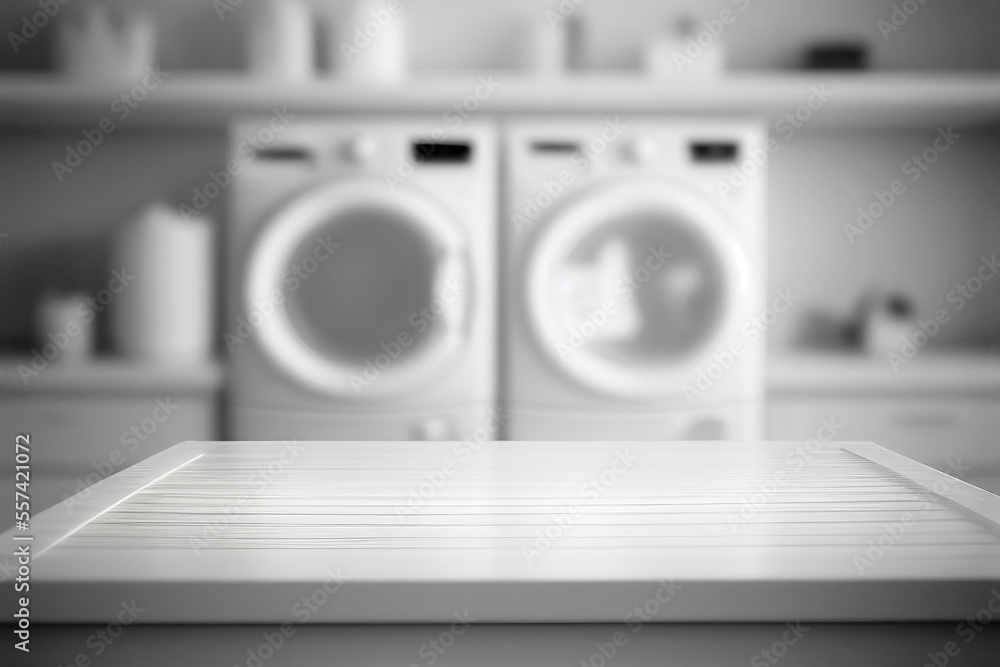 Laundry room with washing machine background. 3D white blurred home ...