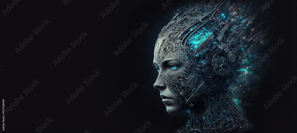 Artificial intelligence, a humanoid cyber girl with a neural network thinks. Artificial ...