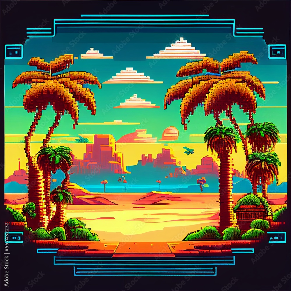 2d game scene with desert landscape with palm tree and canyons. Pixel ...
