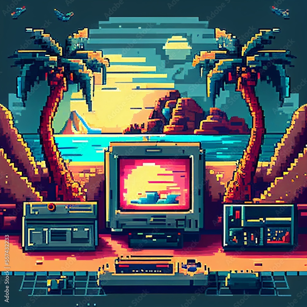 Video game with tv and landscape in the background made with pixels and ...