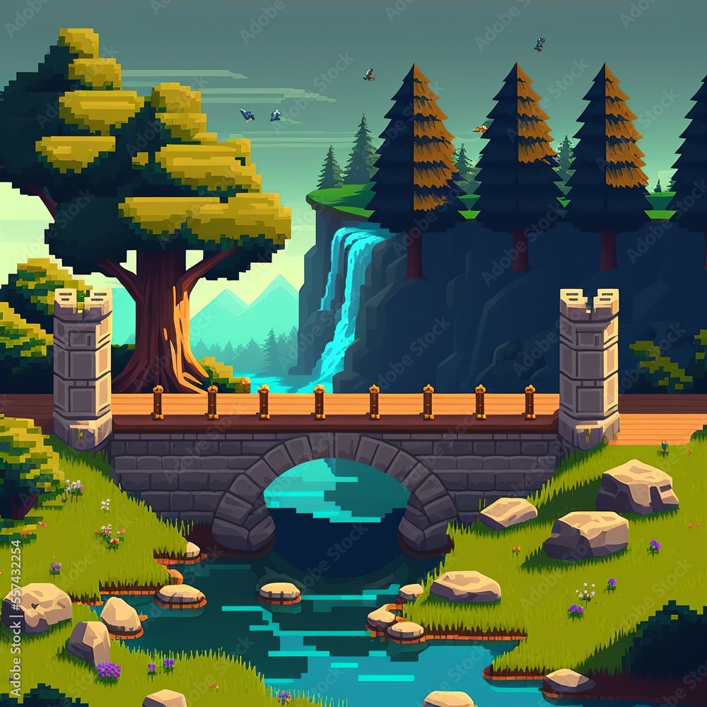 2d game scene with river bridge and forest pixel art. Illustartion ...