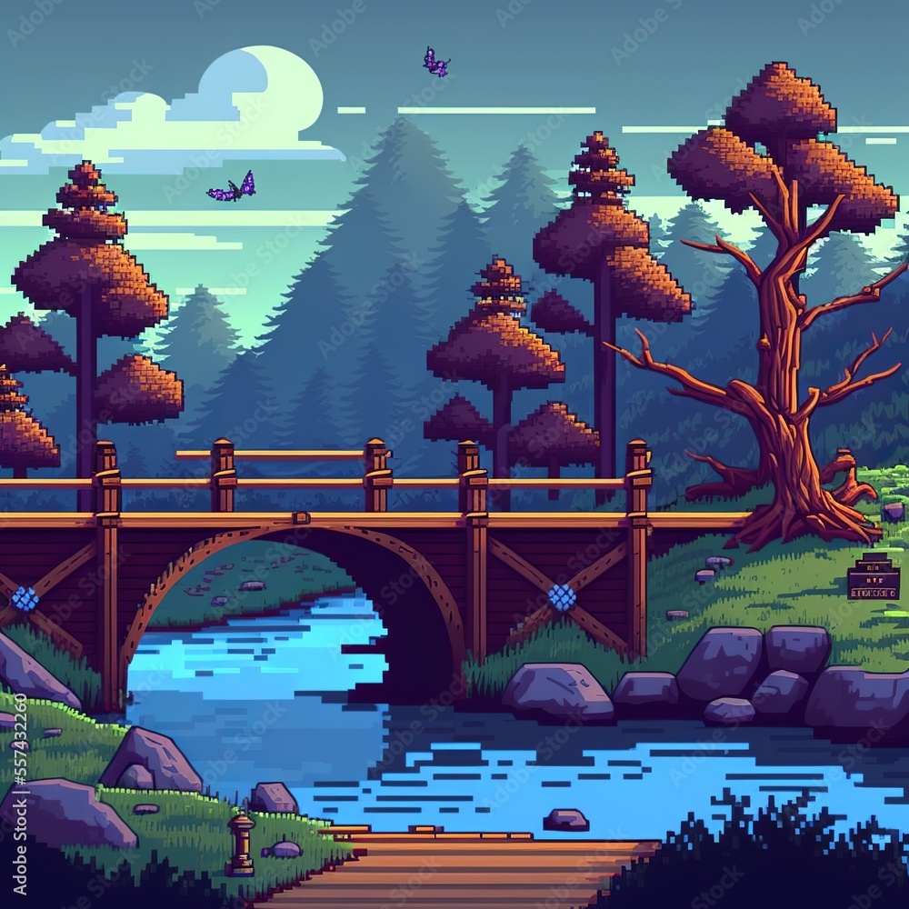 2d game scene with river bridge and forest pixel art. Illustartion ...