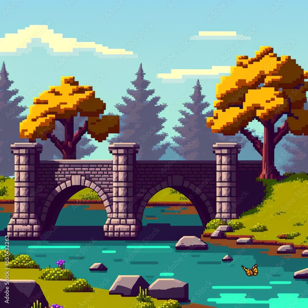 2d game scene with river bridge and forest pixel art. Illustartion ...