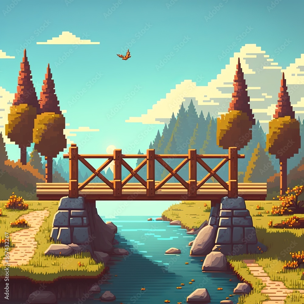 2d game scene with river bridge and forest pixel art. Illustartion ...