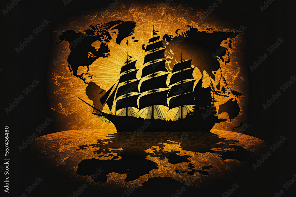 An iconic Renaissance sailing ship with golden hues on a vintage world ...