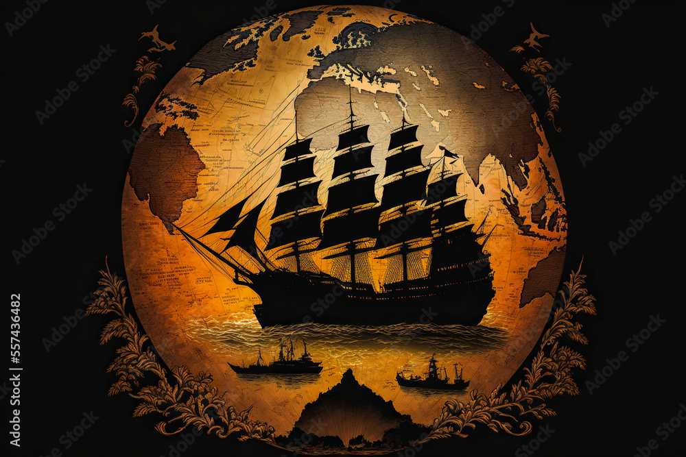 Stunning contrast on vintage world map and Renaissance tall ship ...