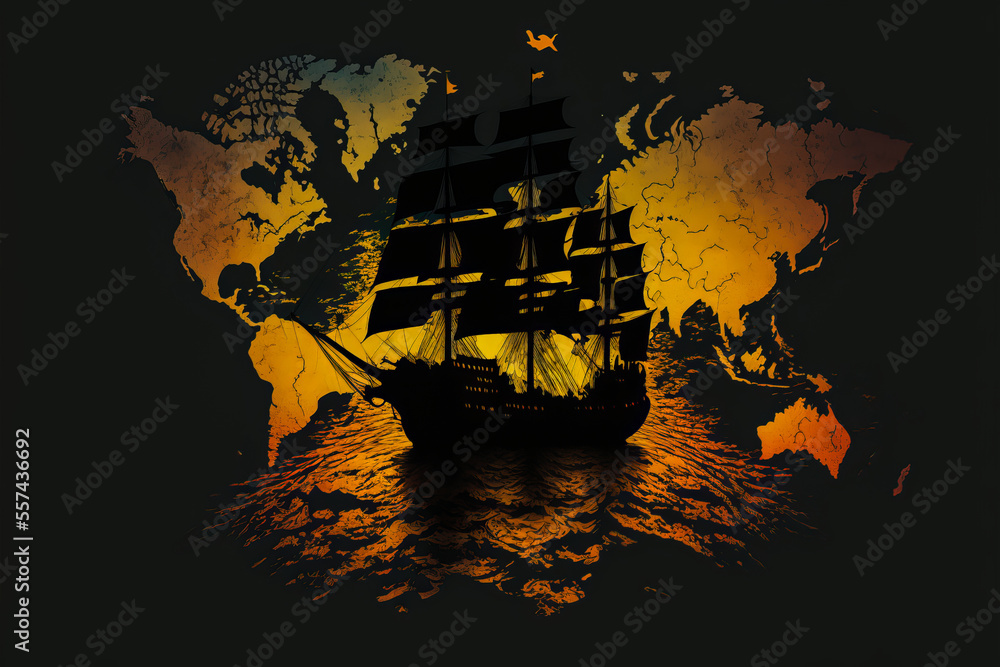 Beautiful Renaissance sailboat in front of a vintage world map ...