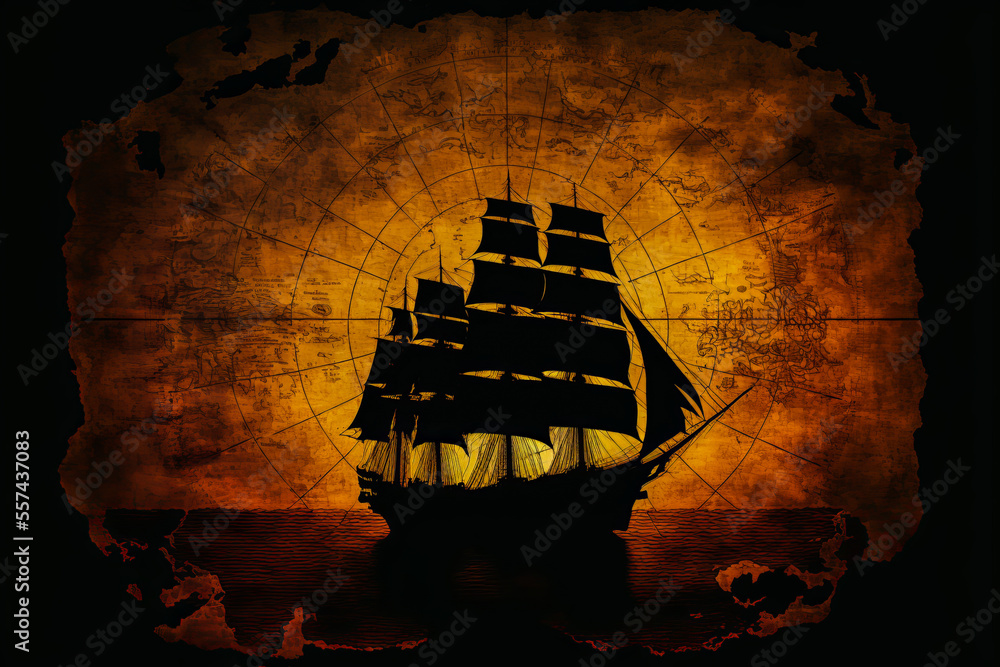 Beautiful illustration of an explorer era ship, with a world map ...