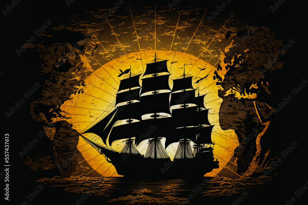 A fantastic Renaissance-era sailing ship standing out on a world map in ...