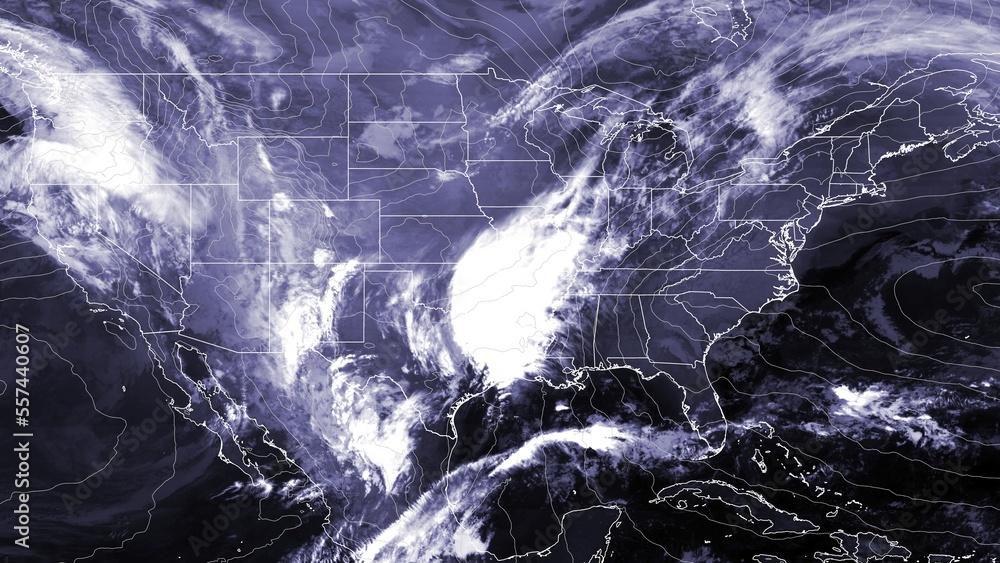 Satellite weather map over North America overlayed with atmospheric ...