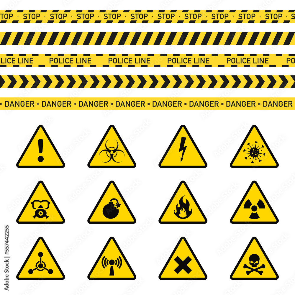 Danger warning ribbon and sign, yellow alert triangles and ribbon ...