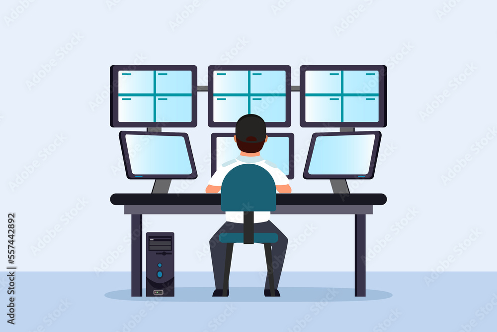 Security staff vector concept: Security staff watching video ...