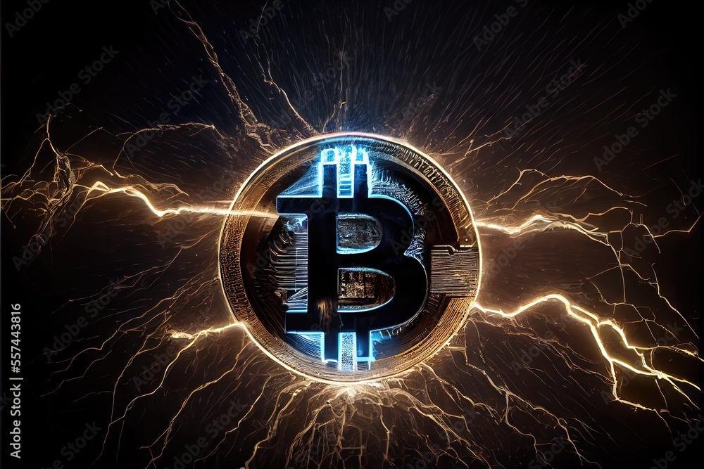 Colorful electric Bitcoin logo. Cryptocurrency and blockchain power ...