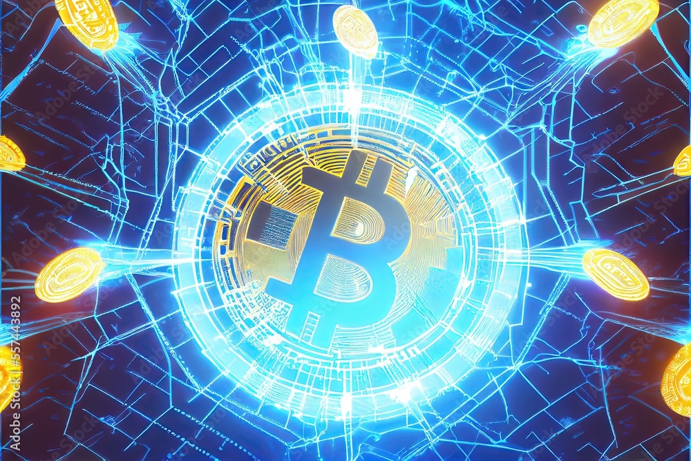 Colorful electric Bitcoin logo. Cryptocurrency and blockchain power ...