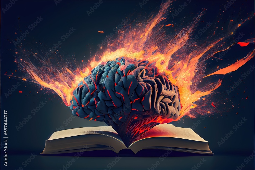 A brain bursting with knowledge sitting on a book. Illustration created ...