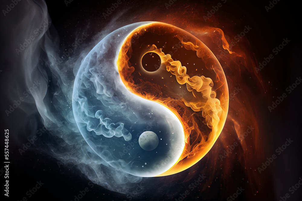 Burning Yin Yang symbol made of fire, smoke and sparks on black background. Stock Illustration ...