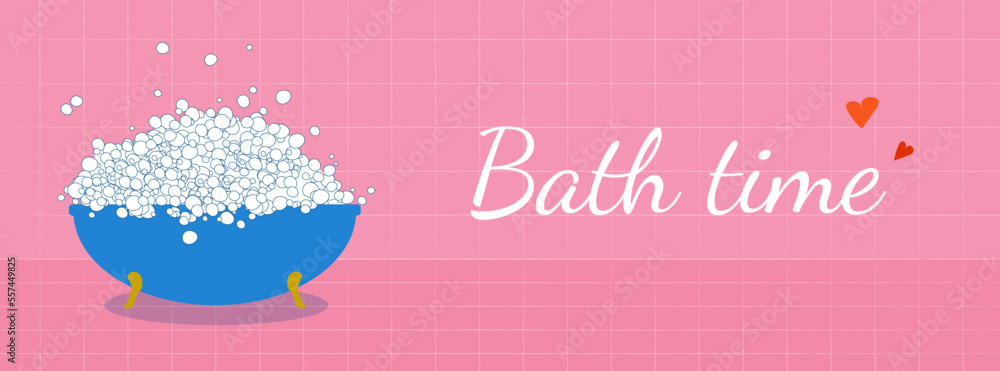 Bath time background with bubble bath vector illustration. Blue bathtub ...