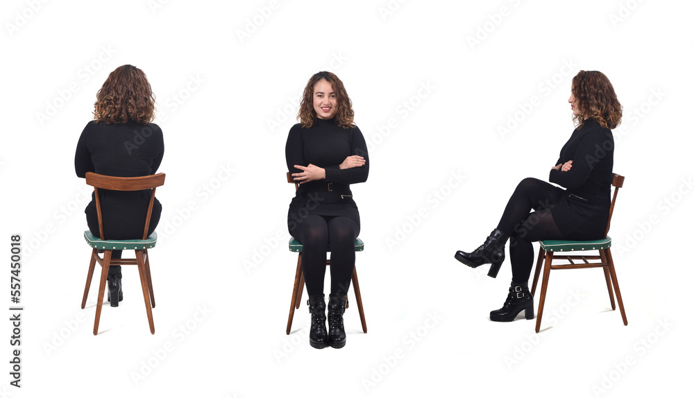 front, side and back view of same woman sitting on chair with dress on ...