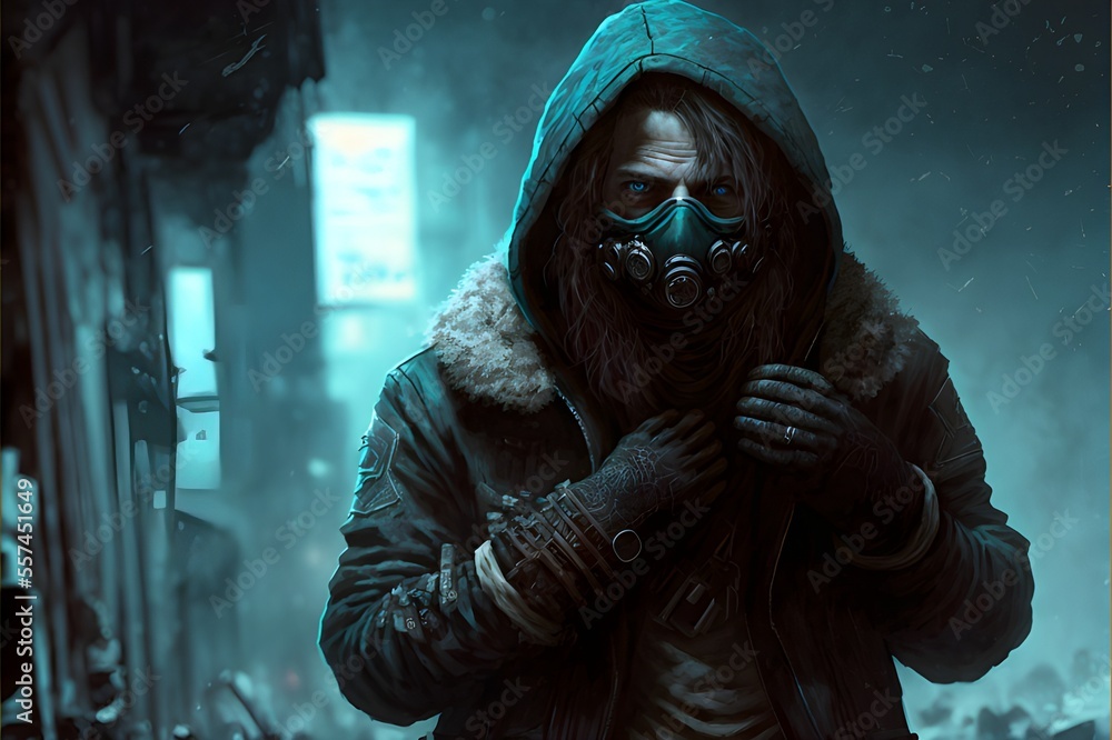 a man wearing a gas mask in a city, cyberpunk art by Michael Komarck ...