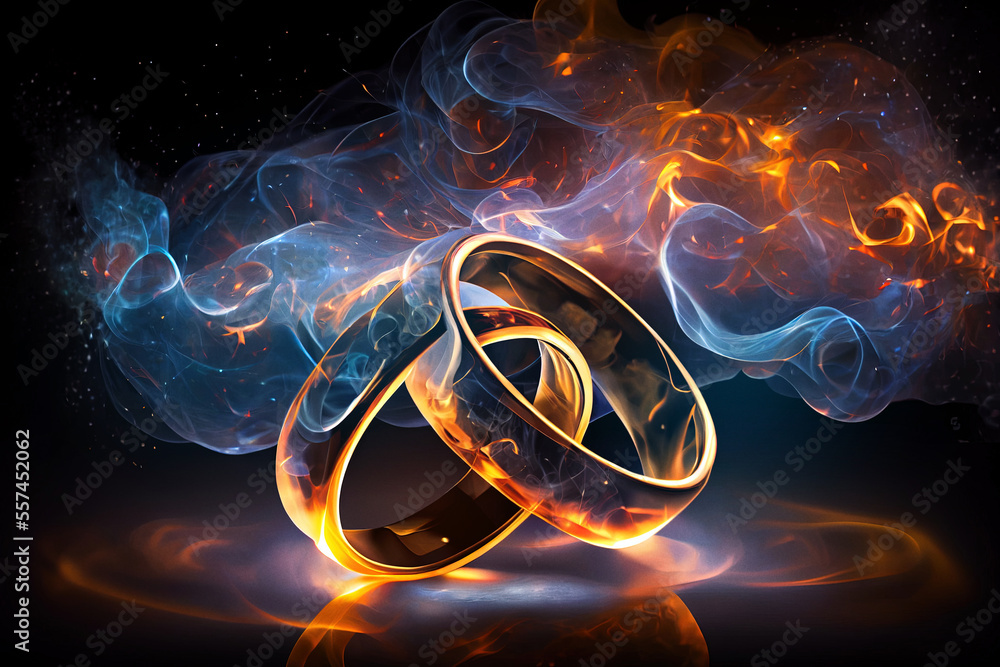 Burning wedding rings - symbol of love, made of fire, smoke and sparks ...