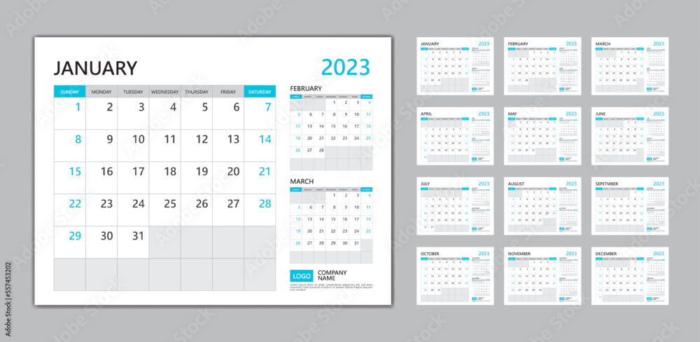 Monthly calendar template for 2023 year blue concept, desk calendar ...