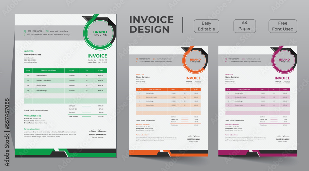 Business invoice template design with price receipt, payment agreement ...