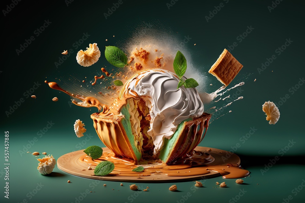 exploded of an apple pie, caramel sause, mint, sugar, photorealistic ...