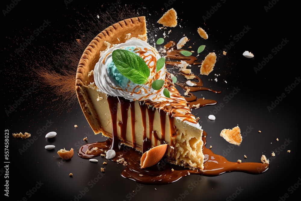 exploded of an apple pie, caramel sause, mint, sugar, photorealistic ...