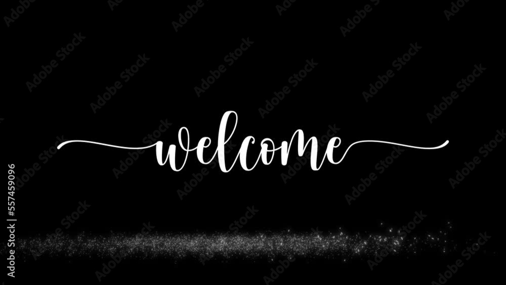 Welcome animation with white handwritten text and falling particles on ...