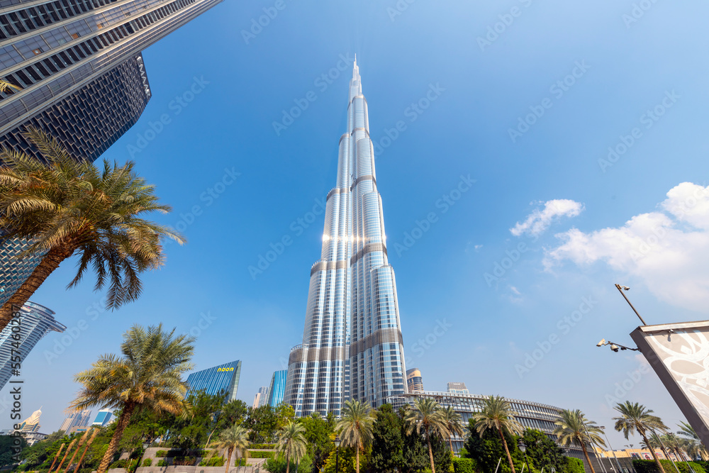 Low angle view of the Burj Khalifa skyscraper, the tallest building in ...