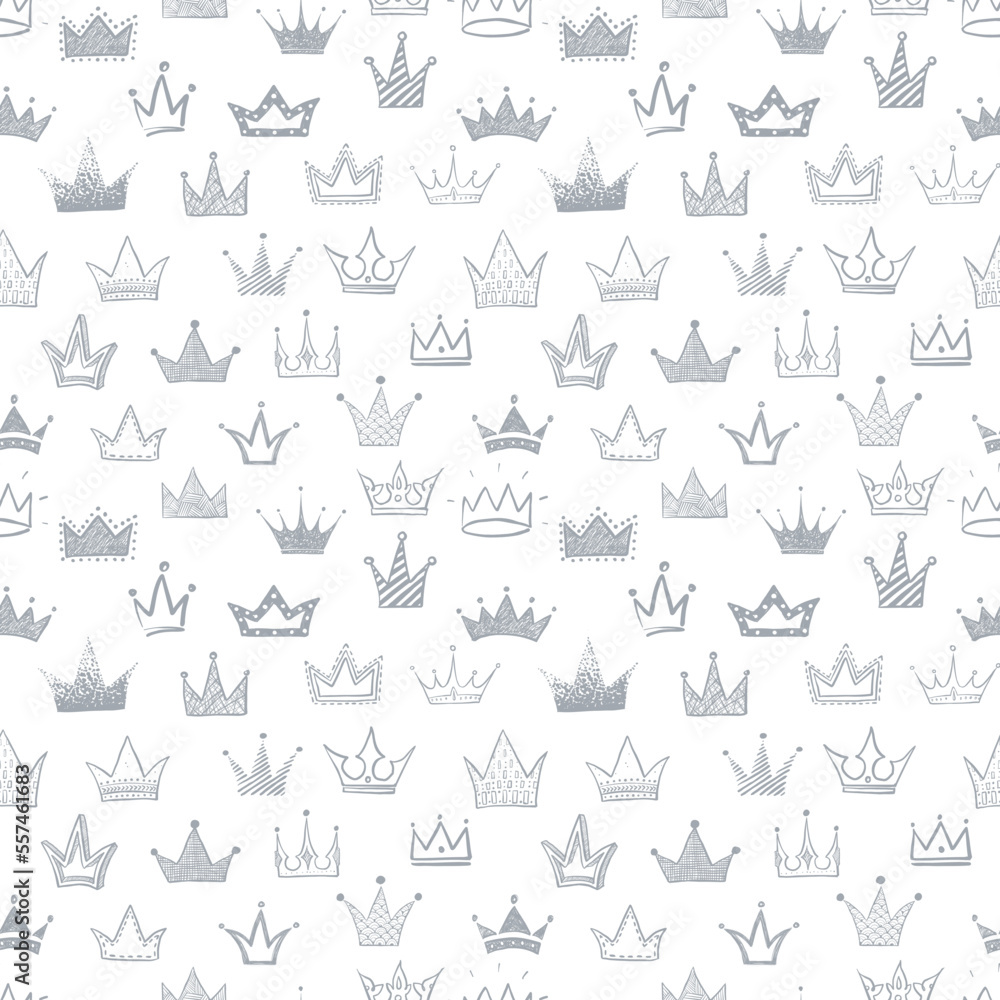 Seamless backrgound with grey doodle crowns on white background. Can be ...