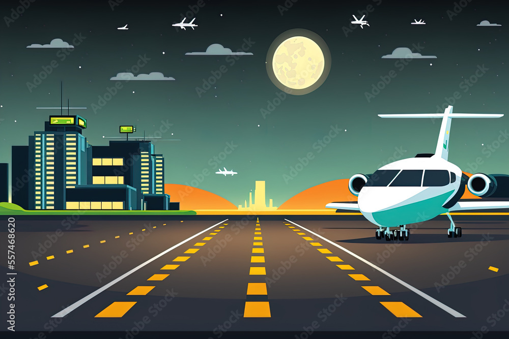 On the runway strip at night are an airport terminal and a private jet ...