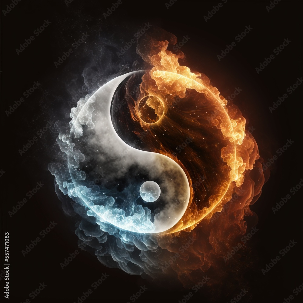 a yin - yang symbol is shown in flames and smoke on a black background ...