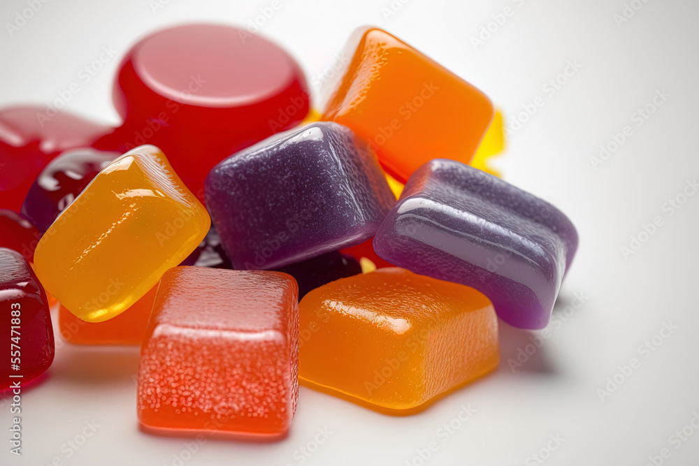 Multivitamin gummies in the colors of red, orange, and purple grouped ...