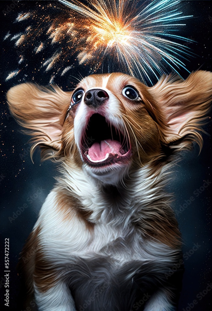 Scared little dog is crying because he is scared from fireworks ...