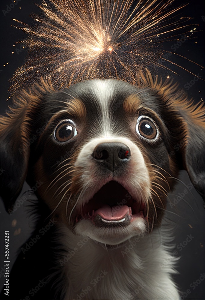 Scared little dog is crying because he is scared from fireworks ...