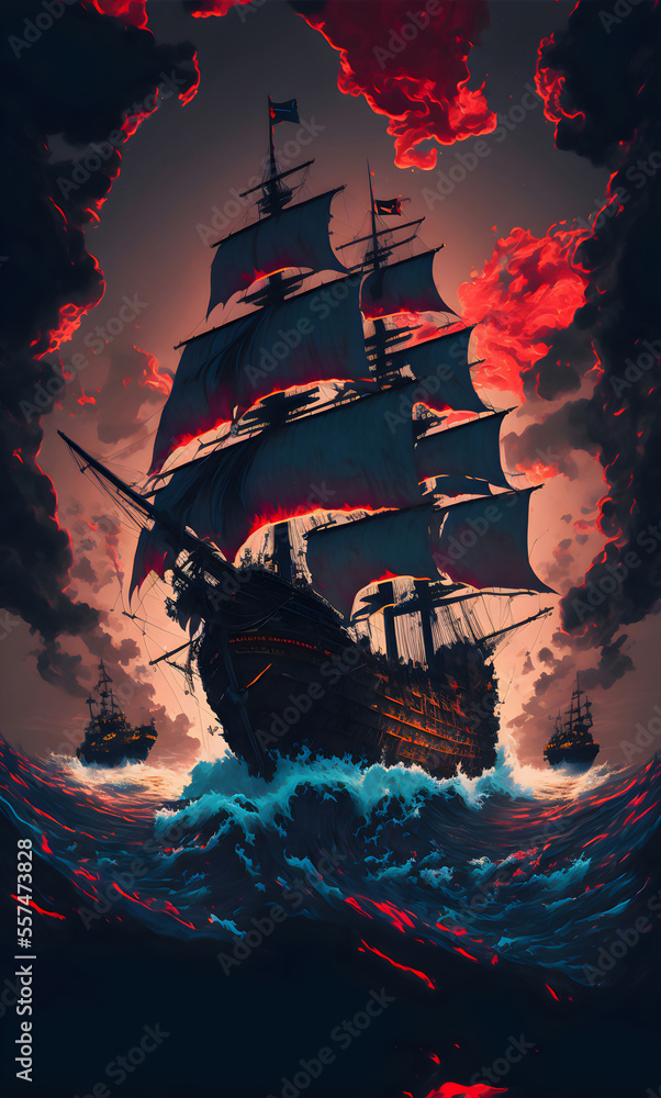 A fierce battle between a pirate frigate with black sails and a Demon ...
