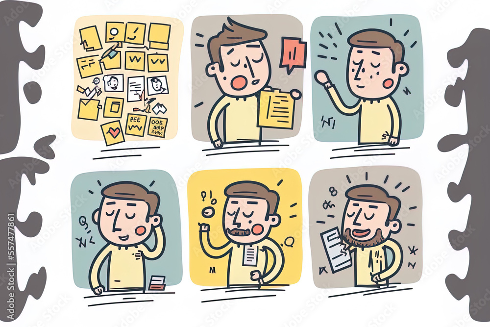 Cute cartoon guy jotting notes on sticky notes, developing a business ...