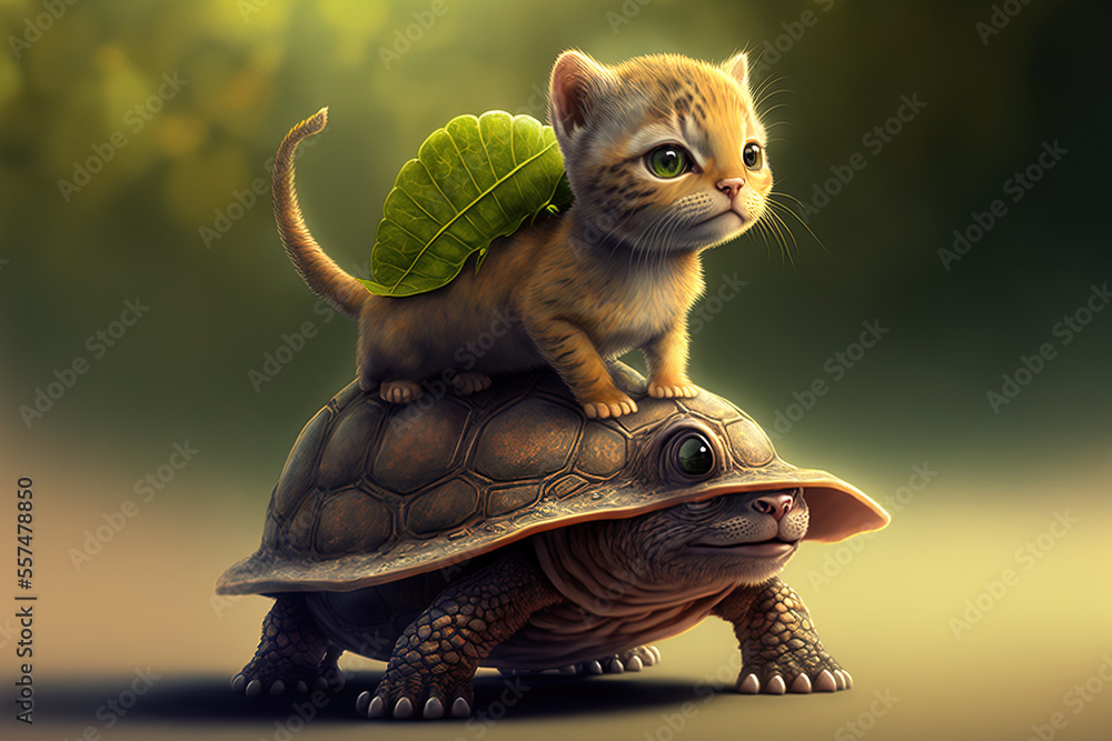 Cartoon symbol of a cute kitten riding a turtle. Generative AI Stock ...